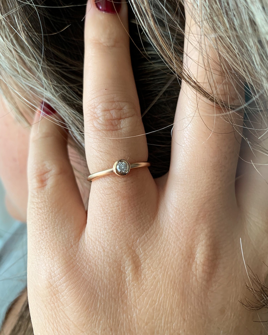 Modern Bezel Setting Engagement Ring, Genuine Diamond Proposal Ring ...