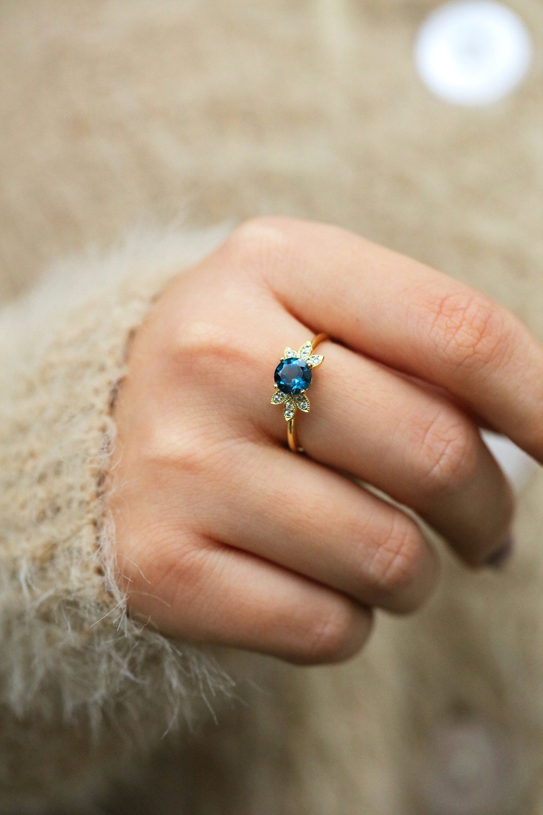 Solid Gold London Blue Topaz Cluster Ring, Stylish Butterfly Ring ...