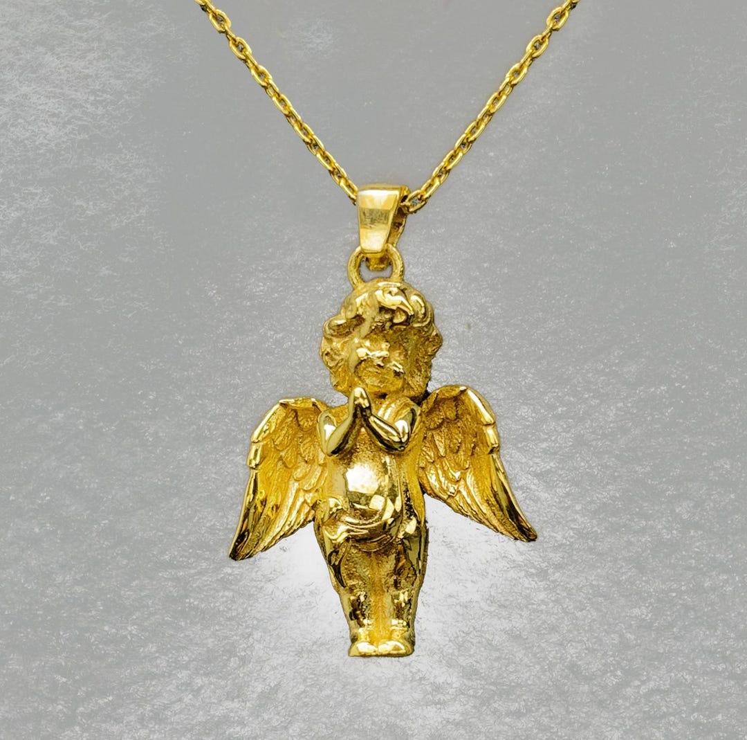 3D Baby Angel Solid Gold Necklace, Praying Angel Pendant in Silver ...