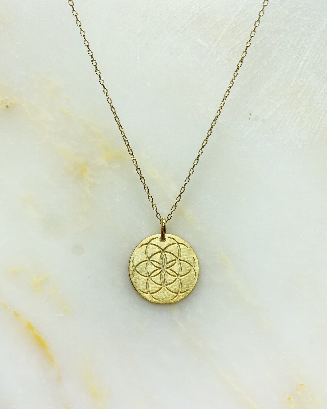 Seed of Life Dainty 14K Solid Gold Necklace, Hexafoil Pendant, Six ...