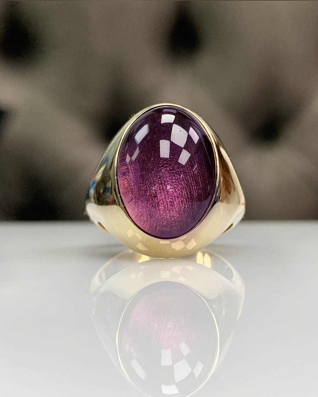 Solid Gold Amethyst Pinky Men Ring, Big Size Oval Shape February ...
