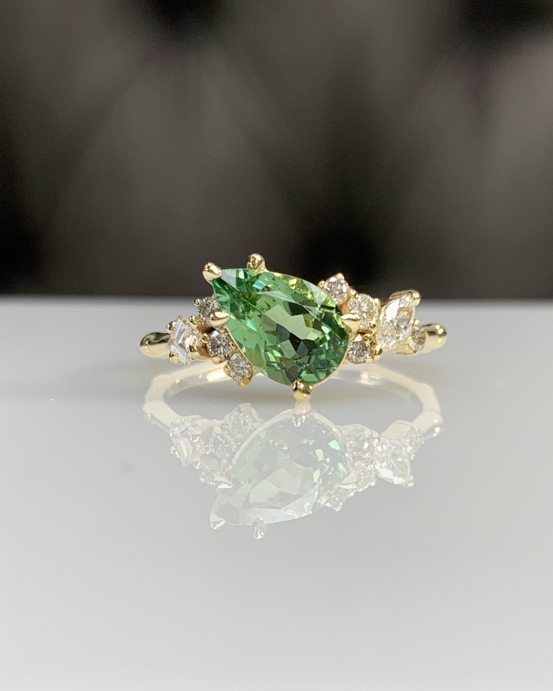 Olive Green Tourmaline & Diamonds Cluster Engagement Ring in 8K or 14K ...