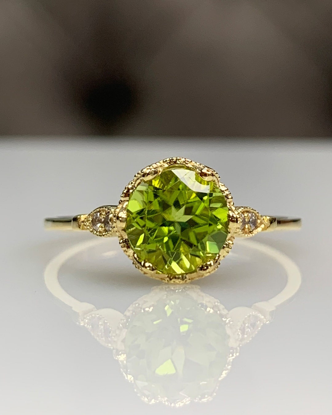 Stylish Art Deco Peridot Engagement Ring, Dainty Vintage Filigree Ring ...