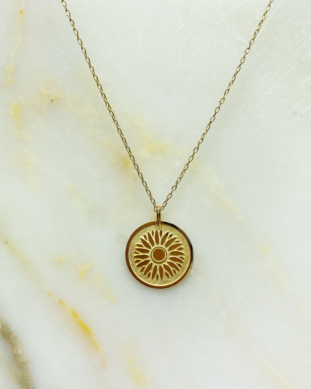 Sunflower Real Gold Necklace, Dainty Floral Pendant, 14K Layered Nature ...