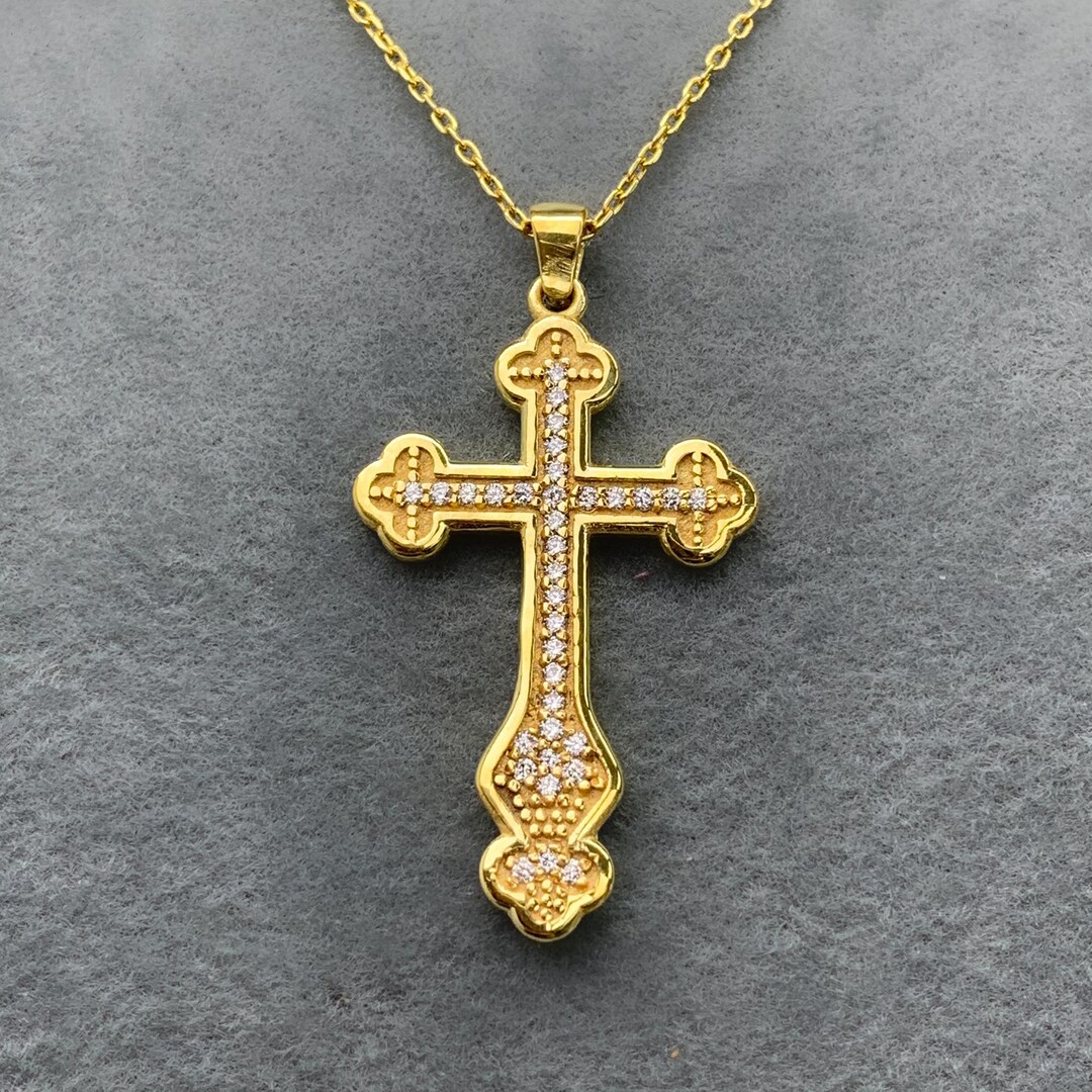 Stunning Orthodox Cross Necklace With Sparkling Diamonds (or CZ), Solid ...
