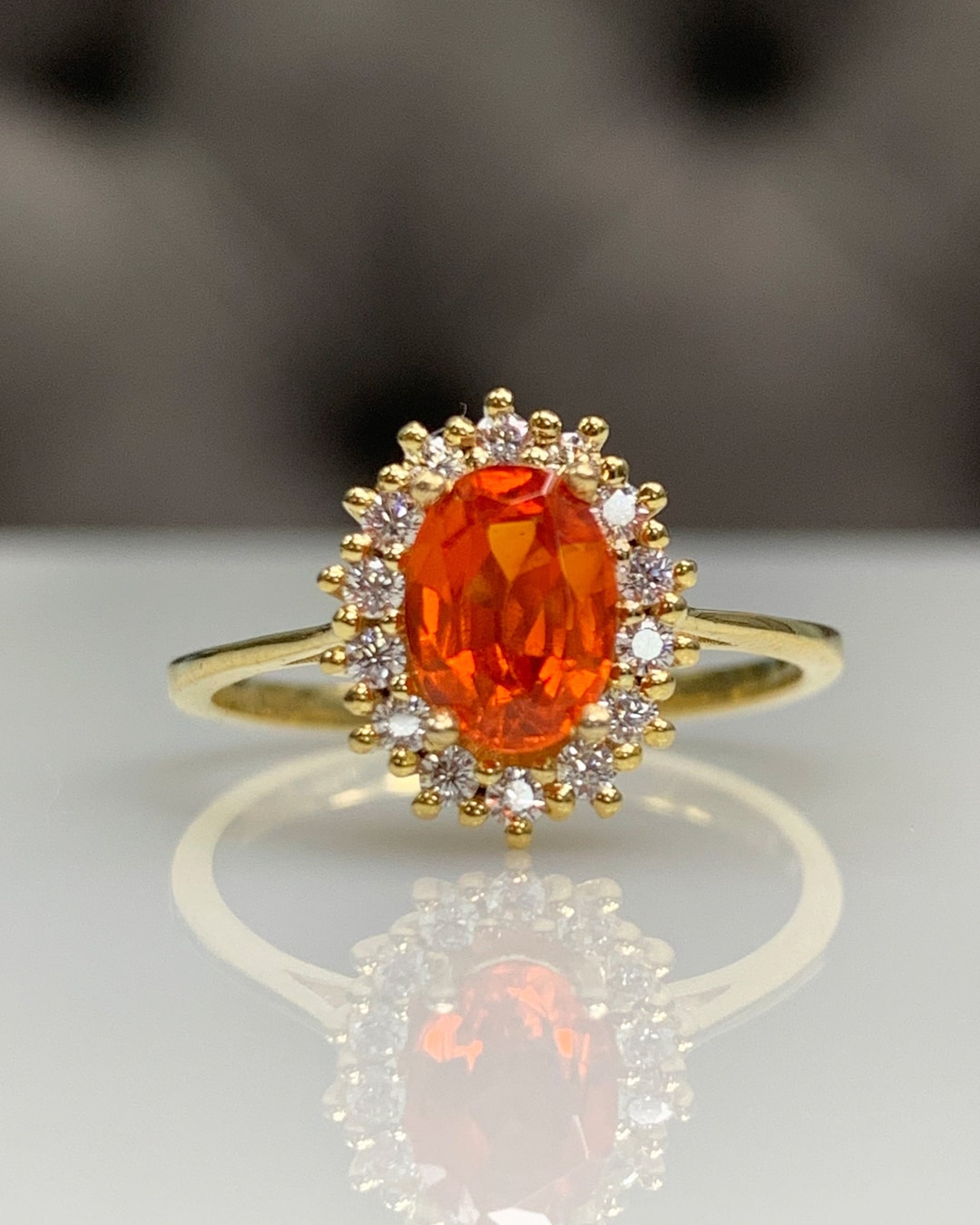 Vintage Orange Sapphire Ring, Classic Cluster Ring, Halo Diamond or ...