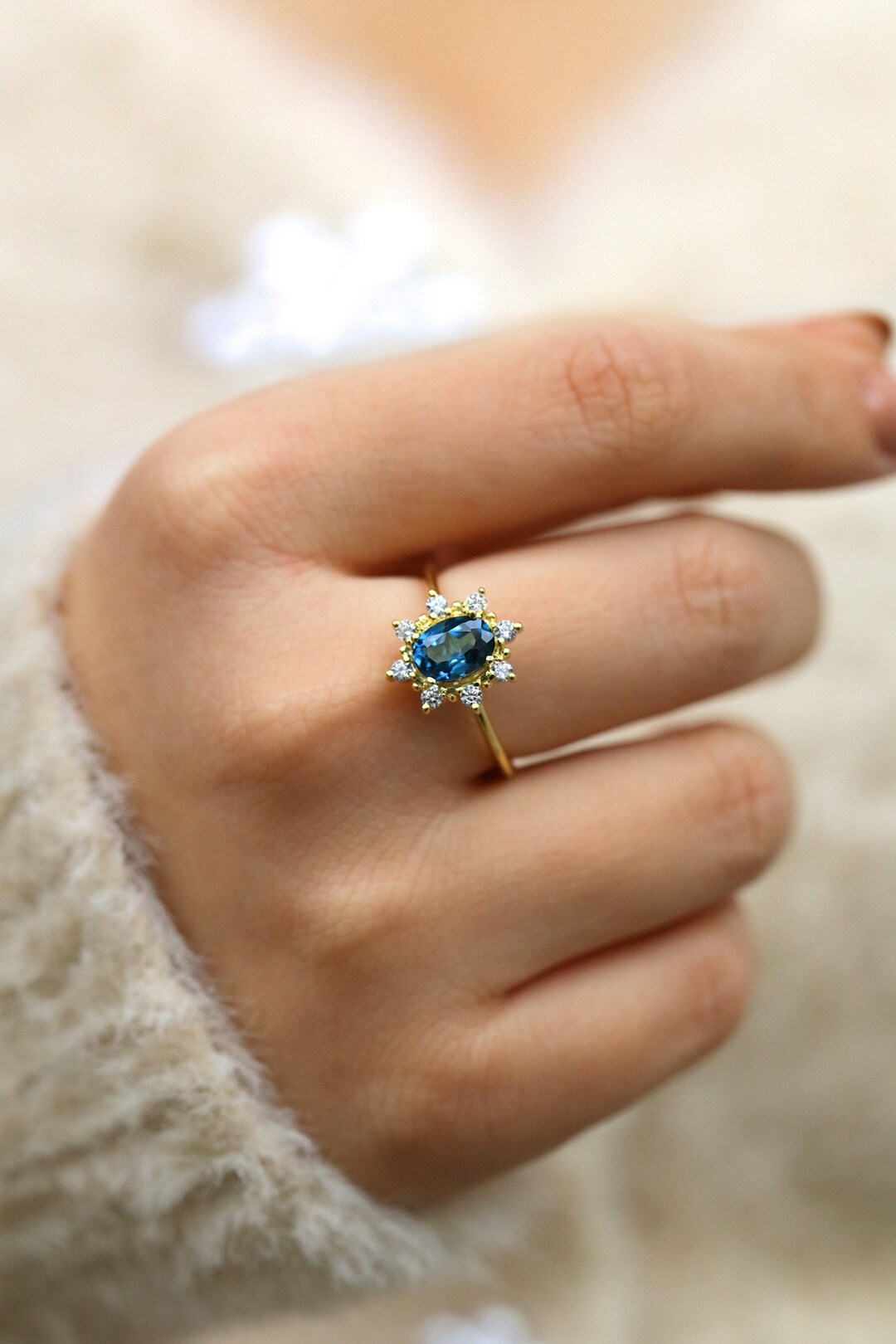 Solid Gold London Blue Topaz & Halo Diamond Ring, Elegant Flower ...