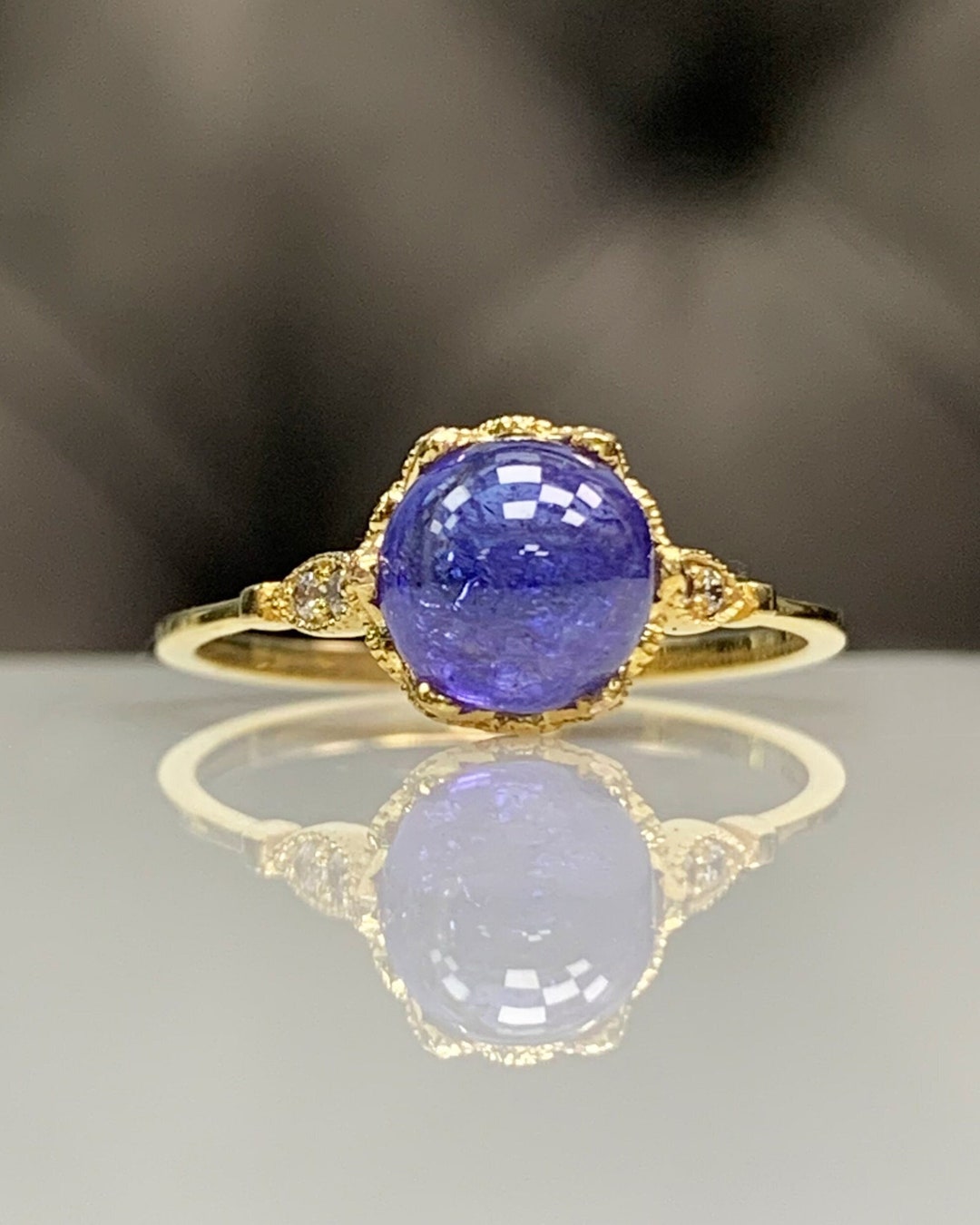 Unique Cabochon Cut Certificated Tanzanite Art Deco Ring, Diamond ...