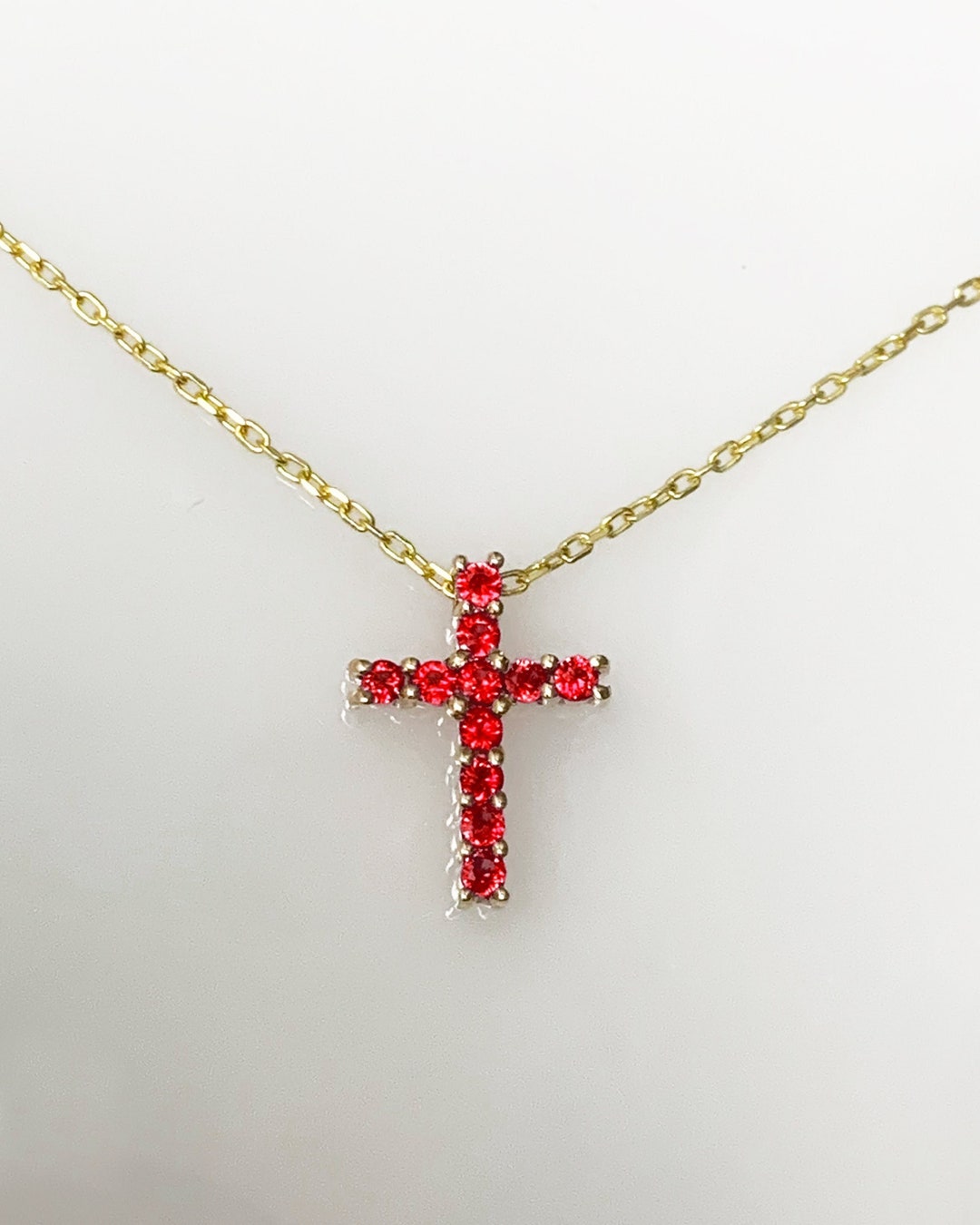 Red Ruby Cross Necklace in 8K 14K Real Solid Gold, Tiny Religious ...