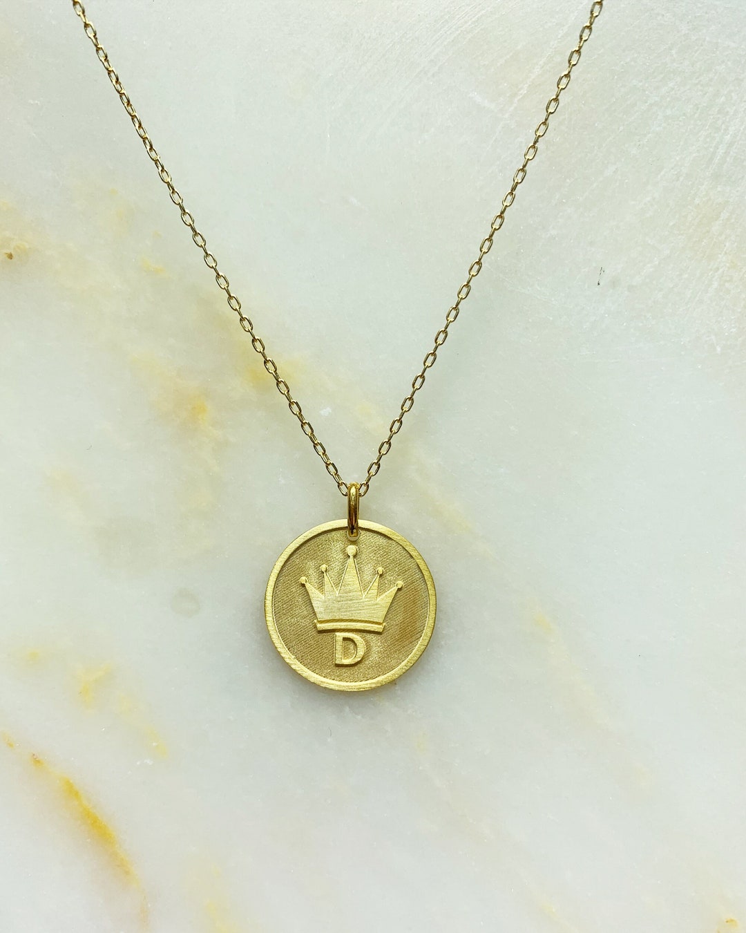 Solid Gold Crown Letter Pendant, Monogram Charm Necklace, 14K Simple ...