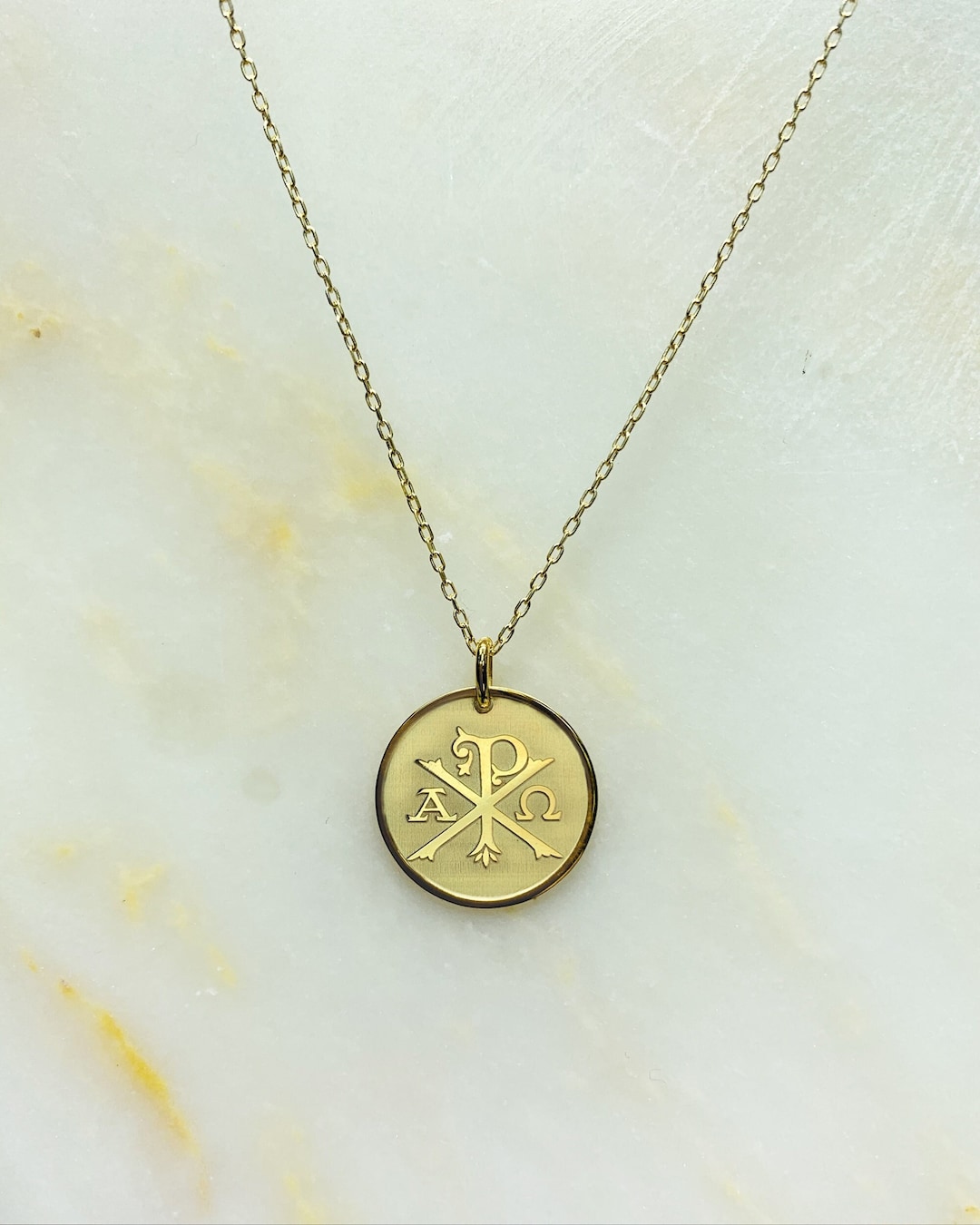Delicate Chi Rho Necklace, Dainty Alpha Omega Solid Gold Layered ...