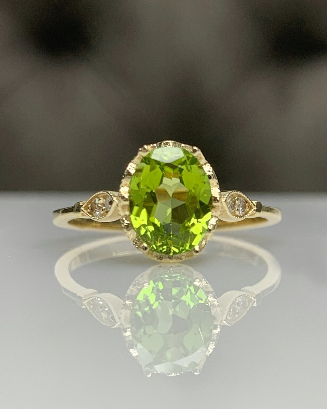 Art Deco Peridot & Diamond Ring, Dainty Engagement Ring, Classic ...