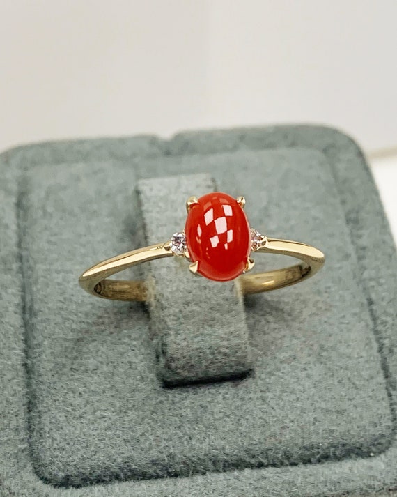 Certificated Natural Red Coral & Diamond Classic Ring Dainty | Etsy