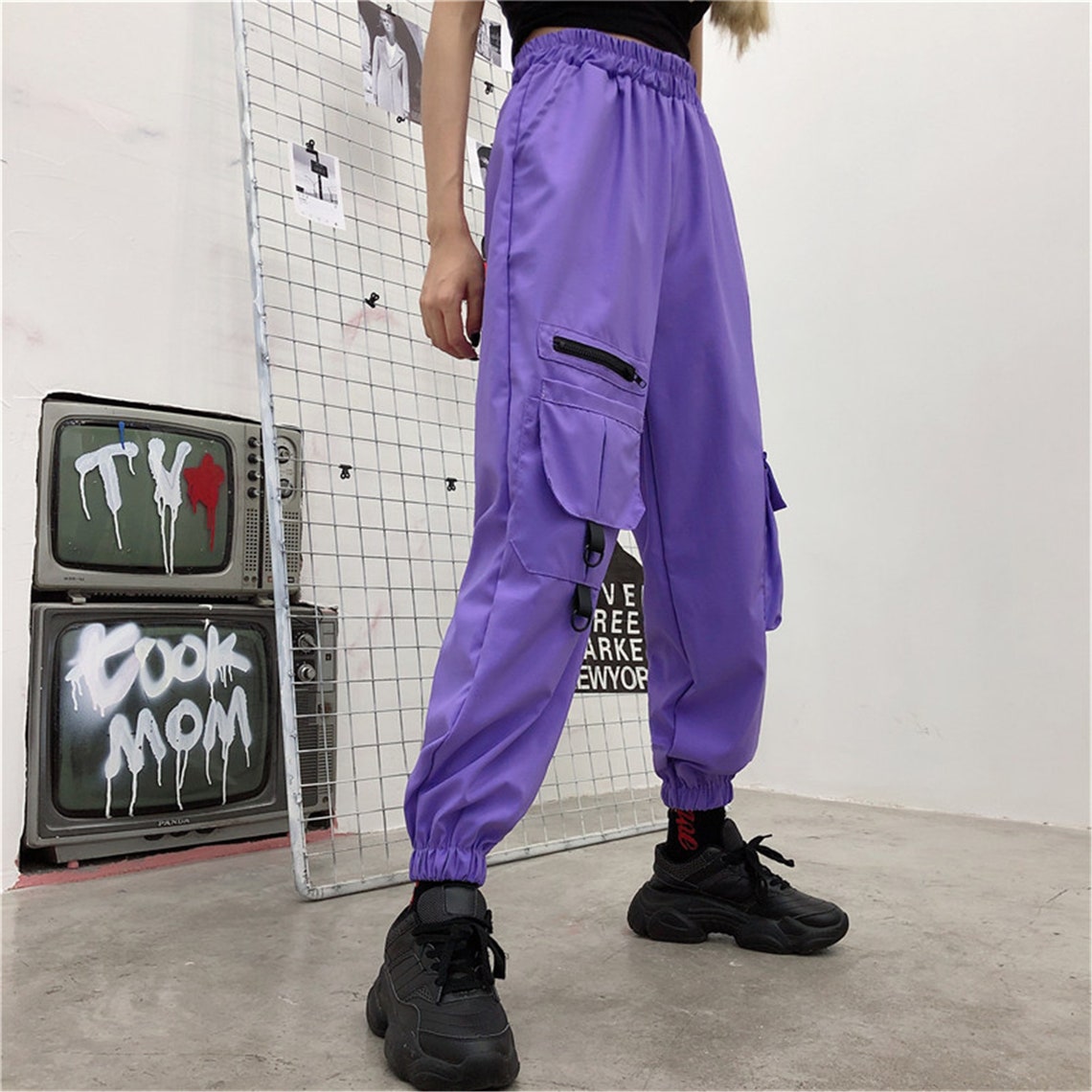 Purple Women Techwear Cargo Pants Cyberpunk Straps | Etsy