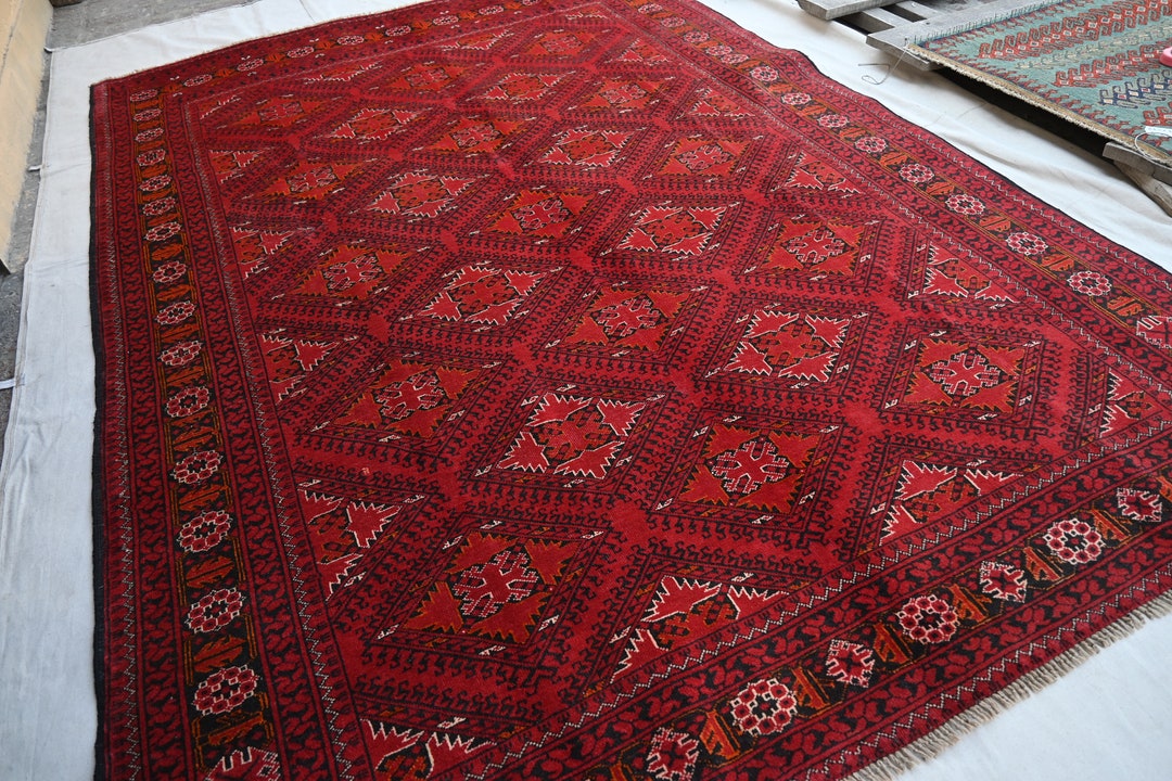 7x9 Vintage Red Turkmen Chinar Gull Rug, Afghan Hand Knotted Wool Area ...