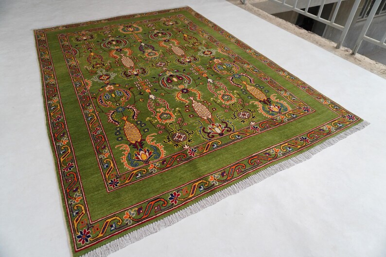 8x5'7 Ft Fern Green Bijdar Rug, Handmade Wool Rug Afghan Rug, Turkish ...