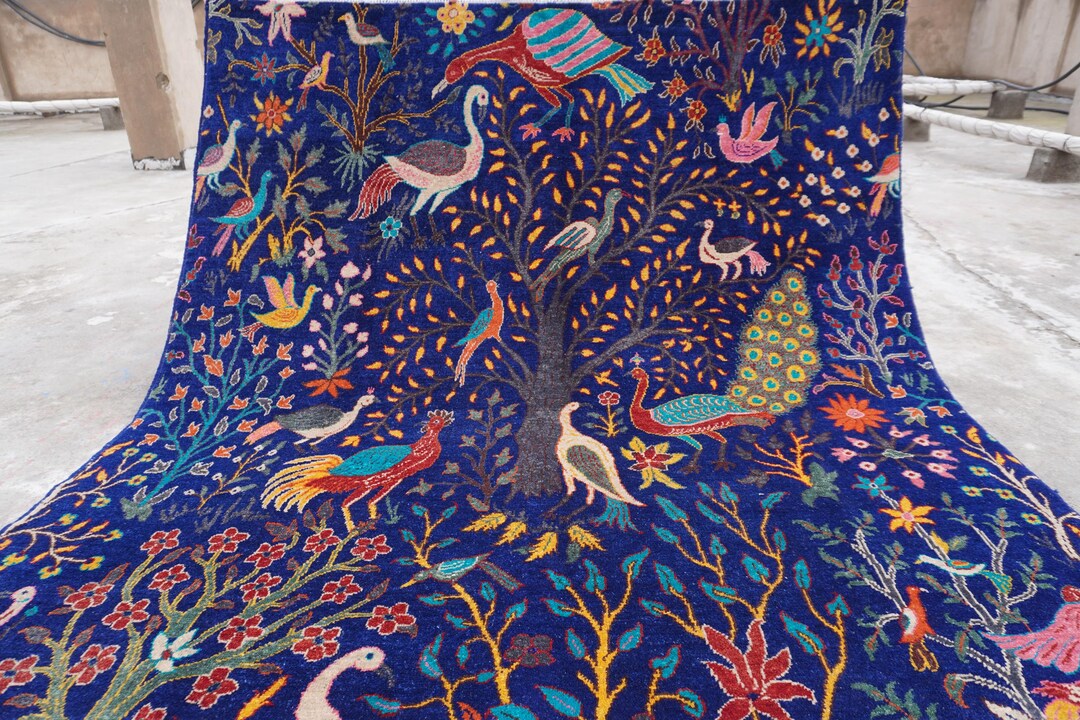 Navy Blue 7x7 Square Rug, Pictorial Rug, Turkmen Handmade Afghan Wool ...