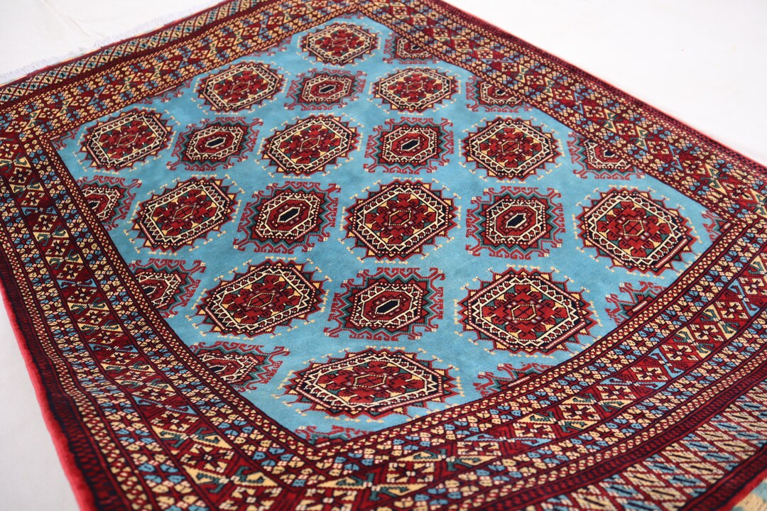 Blue Bukhara Rug 5x7 Top Quality Afghan Sarique Handmade Wool Area Rug ...
