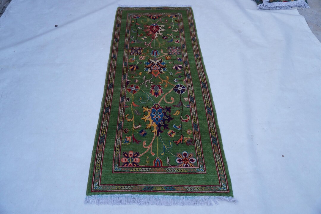 2'10x6'7" Green 7 Ft Runner Rug, Afghan Handmade Fine Wool Rug, Green ...