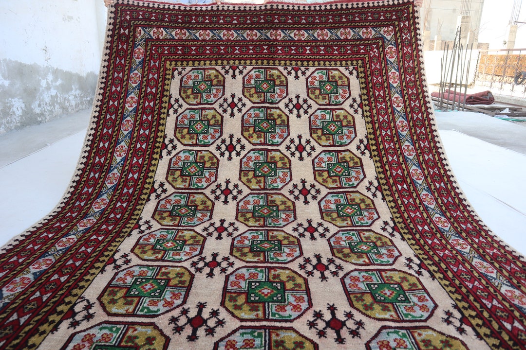 Beige Ersari Rug 7x10 Afghan Hand Knotted Wool Area Rug, Elephant Foot ...