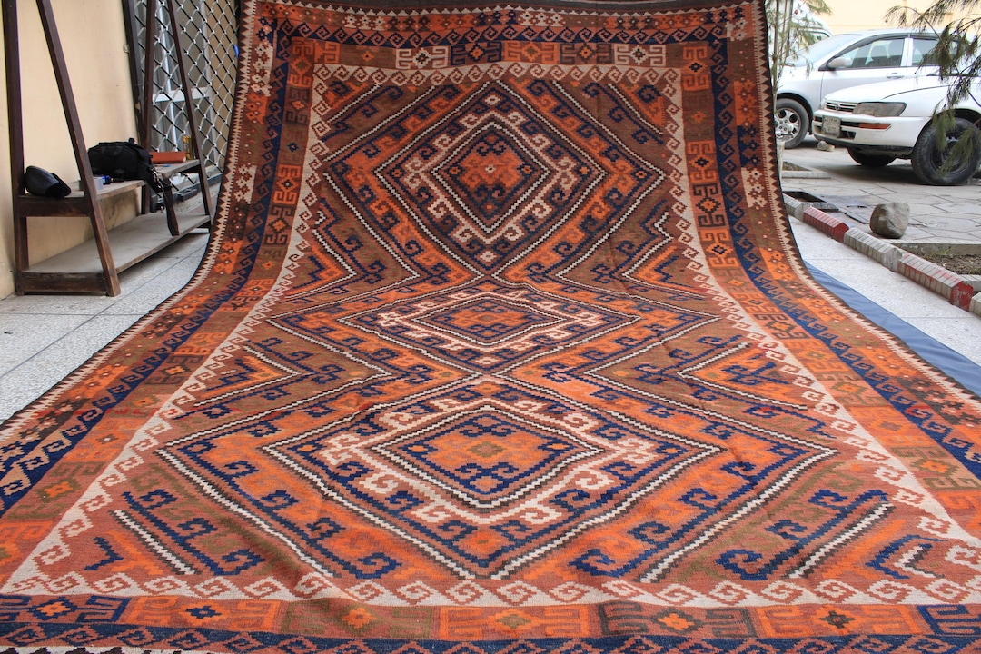 9x14 Large Terracotta Rug, Afghan Handmade Wool Rug Flatweave Kilim Rug ...