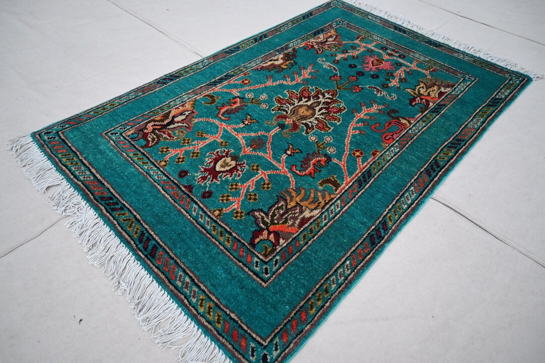 2'8x4'3 Ft Turquoise Rug, Turkish Bijdar Rug, Handmade Wool Rug ...