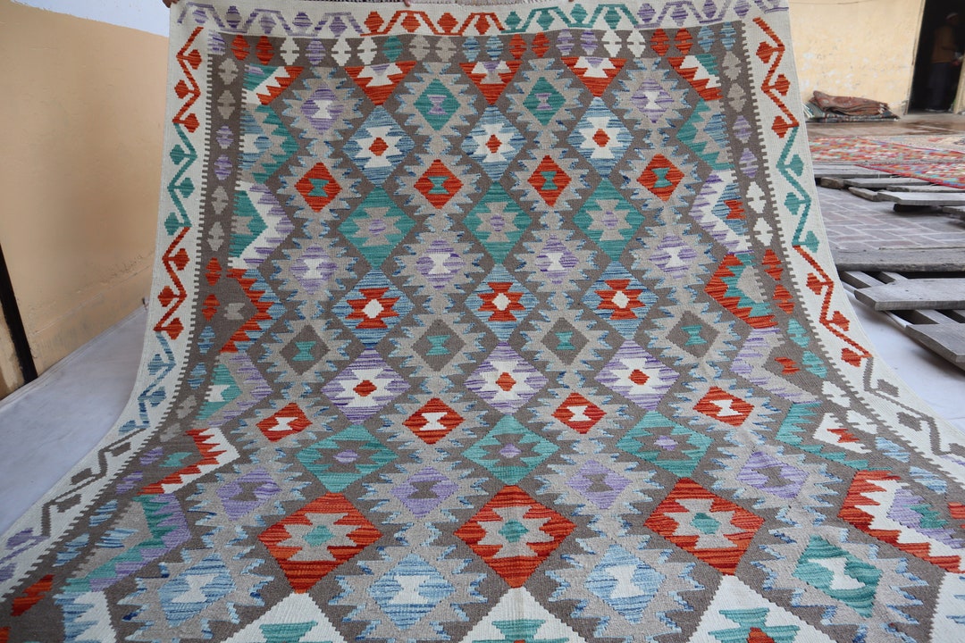 7x9 Afghan Rug, Natural Gray Kilim Rug, Flatweave Rug, Multi Color ...