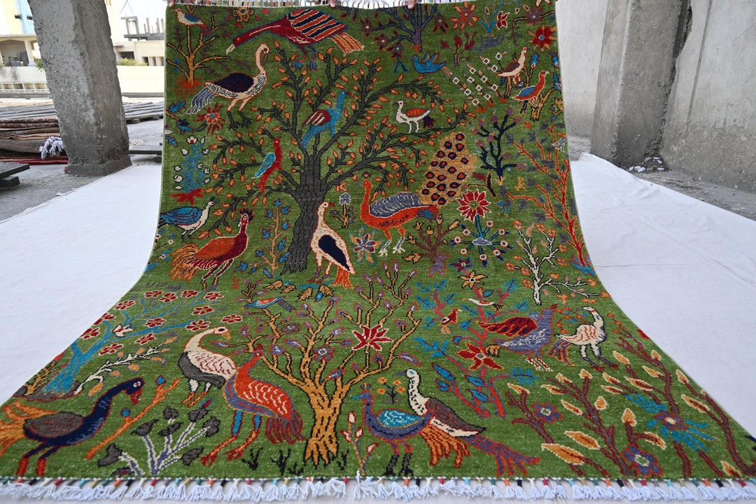 Peacock Birds 5x7 Green Pictorial Rug, Afghan Handmade Wool Area Rug ...