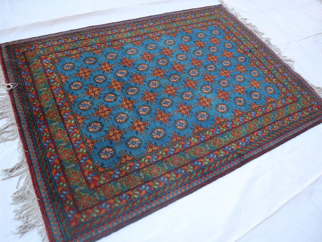5x7 Blue Bukhara Rug, Turkmen Handmade Rug, Wool Rug, Afghan Mawri ...