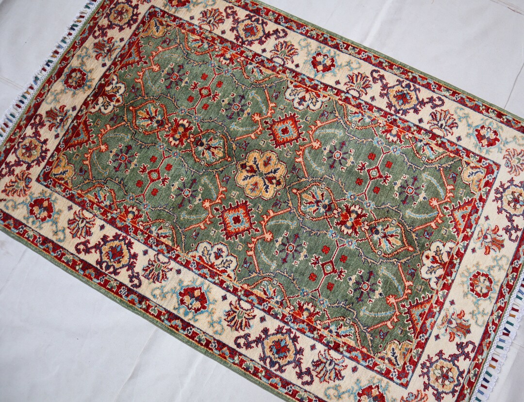 Green 3x5 Area Rug 100x150 Cm Super Fine Kazak Rug, Afghan Handmade ...