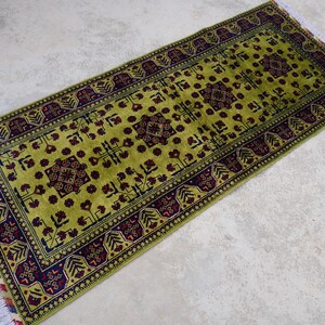 Light Green 7 Ft Runner Rug, Afghan Handmade Wool Rug, Tribal Bukhara ...