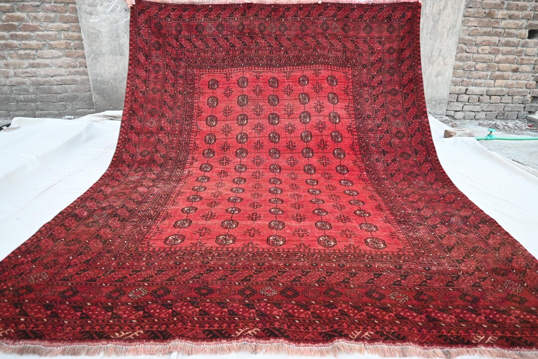 7x9 Afghan Vintage Rug, Handmade Wool Rug, Turkmen Mowri Design Tribal ...