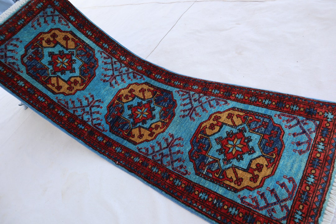 Blue 2x5 Afghan Bukhara Runner Rug, Handmade Wool Rug, Turkmen Ersari 5 ...