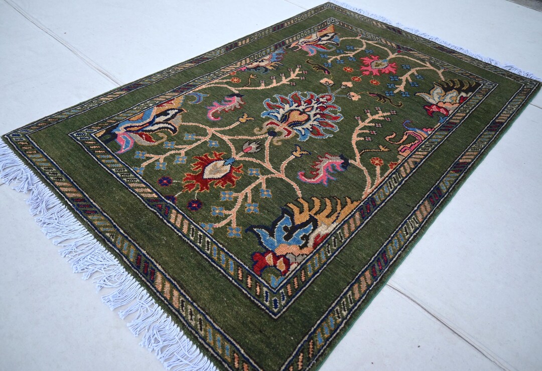 5x3'5 Ft Green Rug, Turkish Bijdar Rug, Handmade Wool Rug, Oriental ...