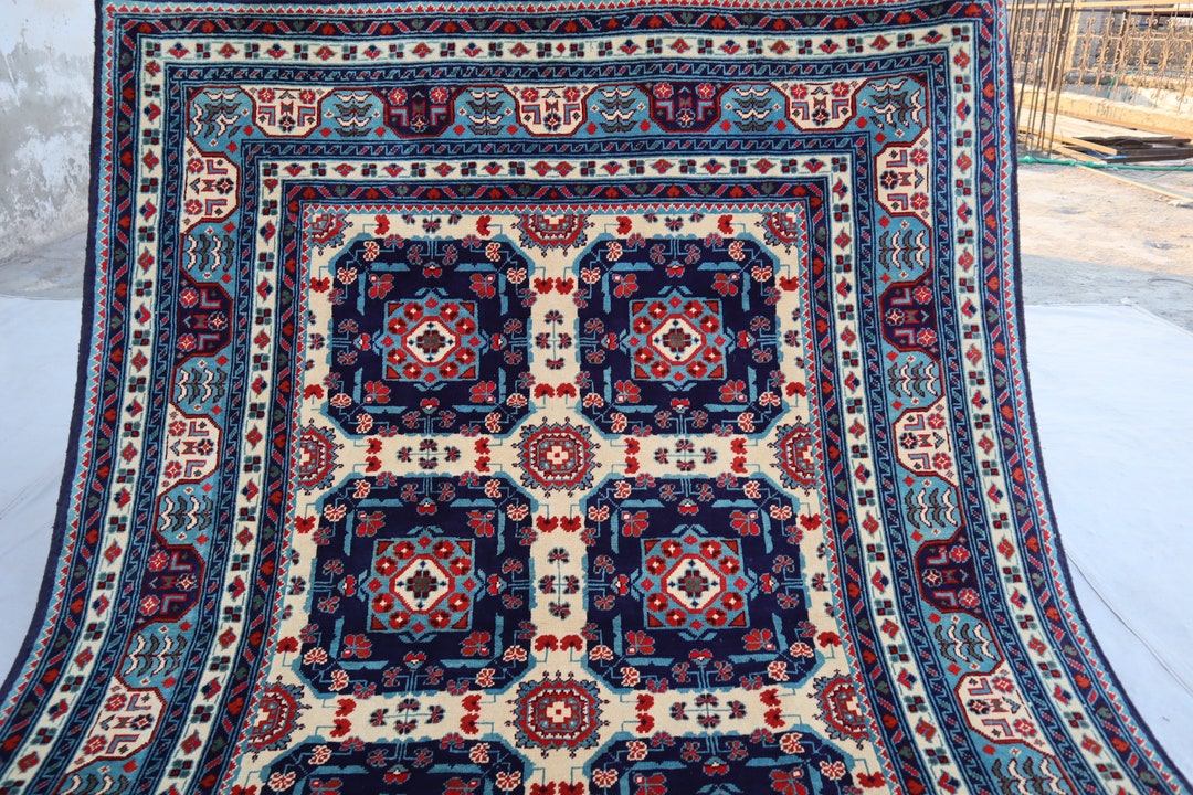 Blue Bukhara Rug 5x7 Top Quality Afghan Unique Design Handmade Wool ...