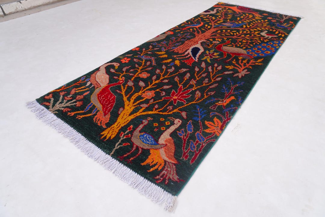 Dark Green 7 Ft Runner Rug 2'6x6'6" Handmade Pictorial Rug, Afghan Soft ...