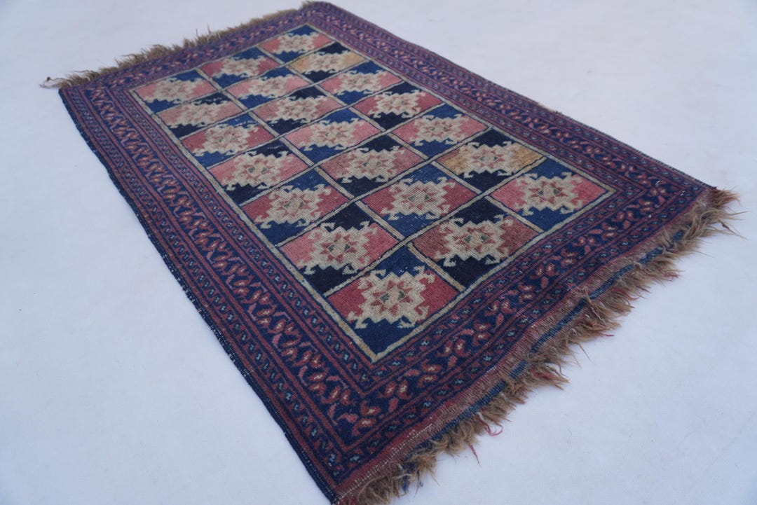 1960s Antique 2x3 Small Rug, Collectors Piece Rug, Terracotta Pink Blue ...