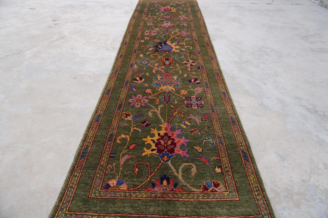 Light Green 10 Ft Runner Rug, Handmade Wool Rug, Bijdar Design Floral ...