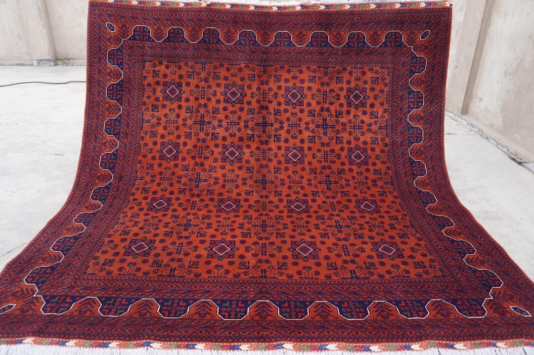 Orange 8x8 Square Rug, Afghan Handmade Wool Area Rug, Top Quality ...