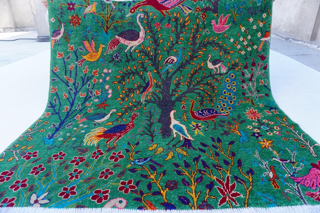 Rich Green 5x5 Square Rug, Pictorial Rug, Turkmen Handmade Afghan Wool ...