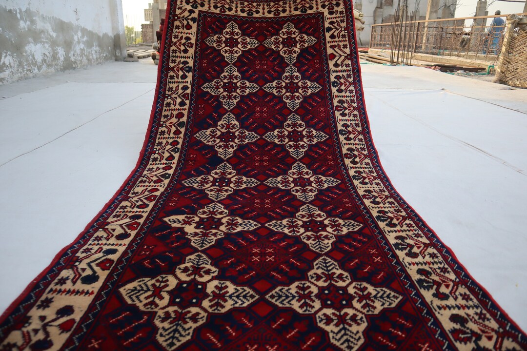 7 Ft Runner Rug, Afghan Vintage Rug, Turkmen Yousufi Geometric Tribal ...