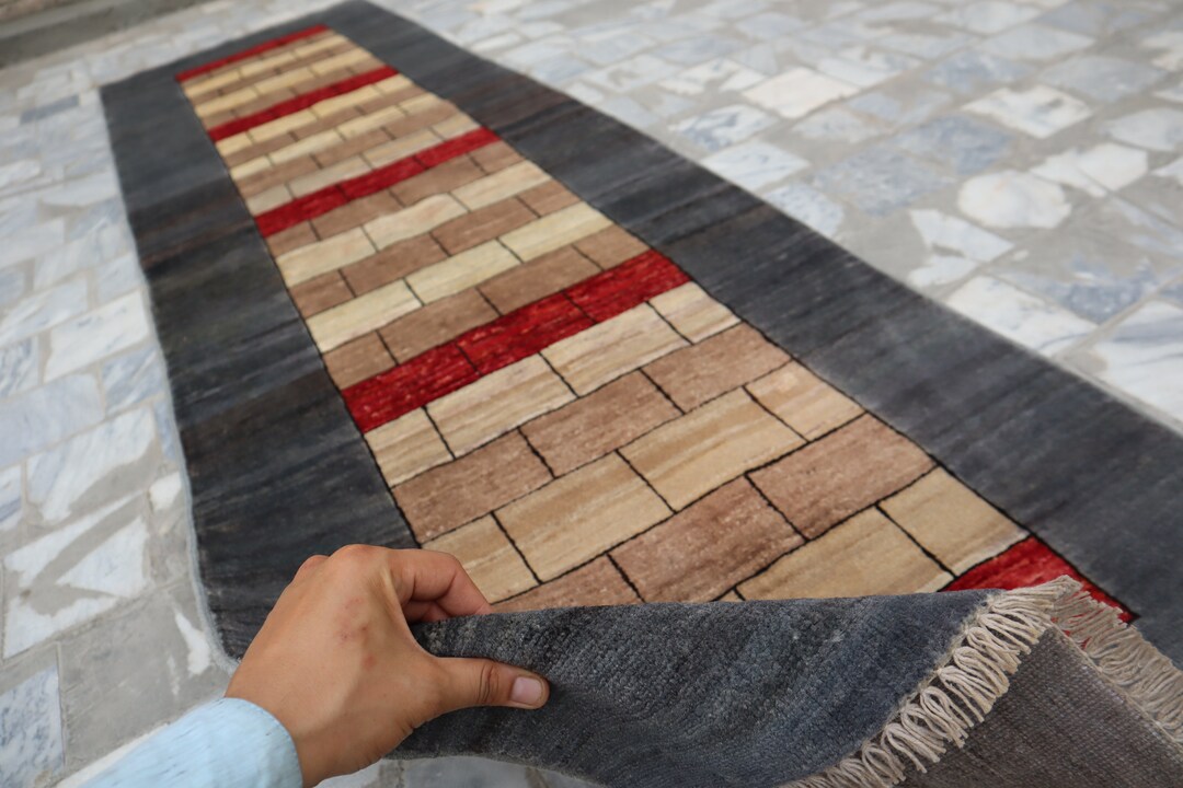 Blue 9 Ft Runner Rug, Afghan Gabbeh Rug, Handmade Wool Rug, Striped ...