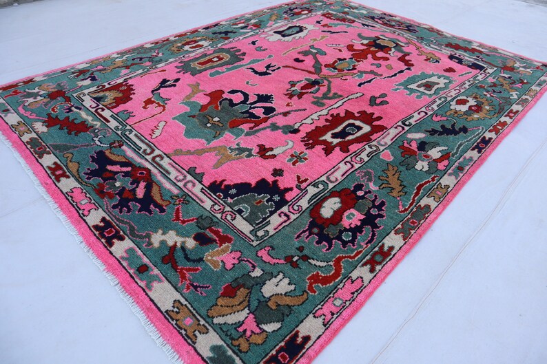 6x8 (170x240 Cm) Pink and Green Colorful Premium Hand Knotted Modern ...