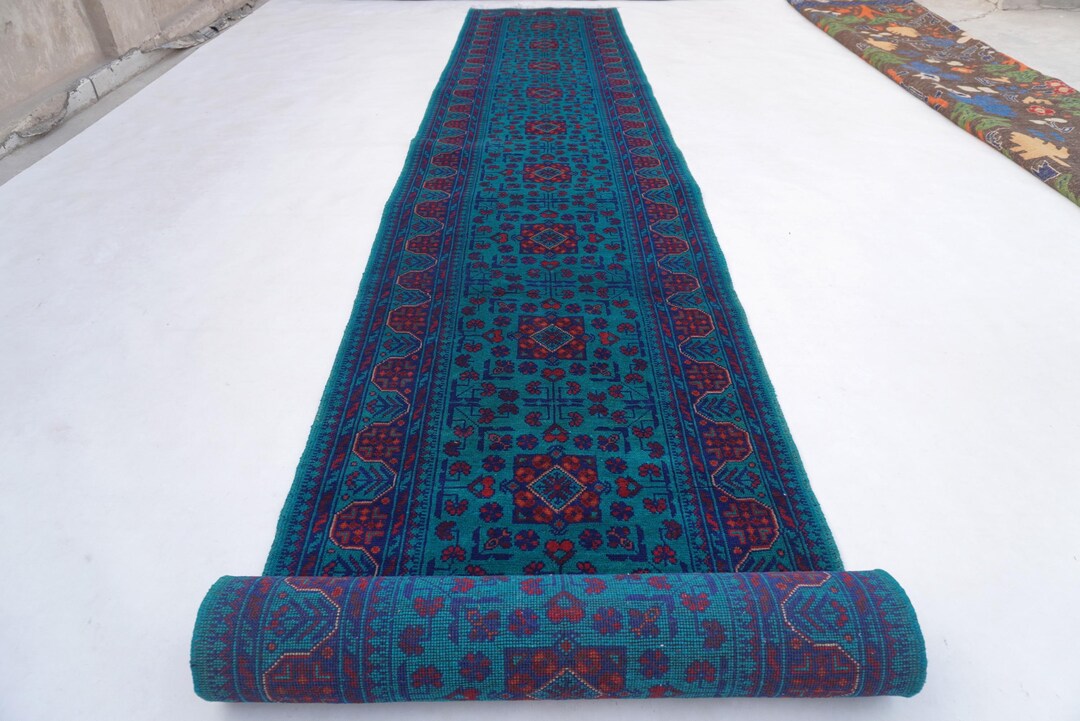 20 Ft Runner Rug, Turquoise Bukhara Rug, Hand Knotted Wool Rug, Turkmen ...