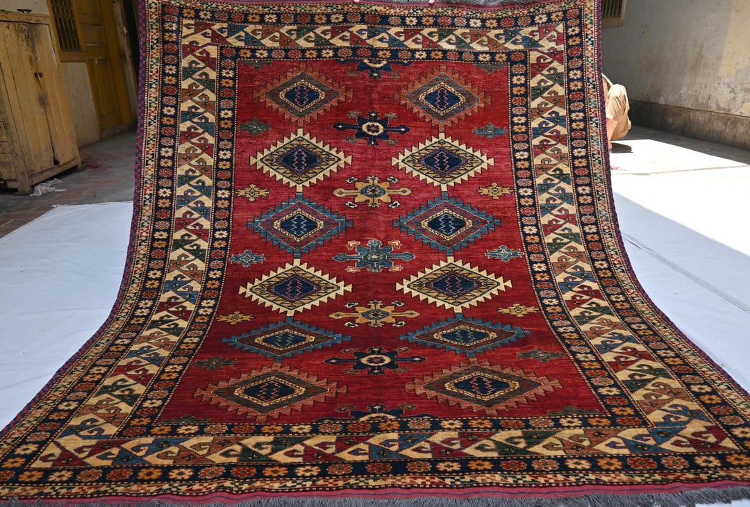 Afghan Vintage Qafqaz Rug 6x7 Handmade Wool Square Rug, Turkmen Trible ...