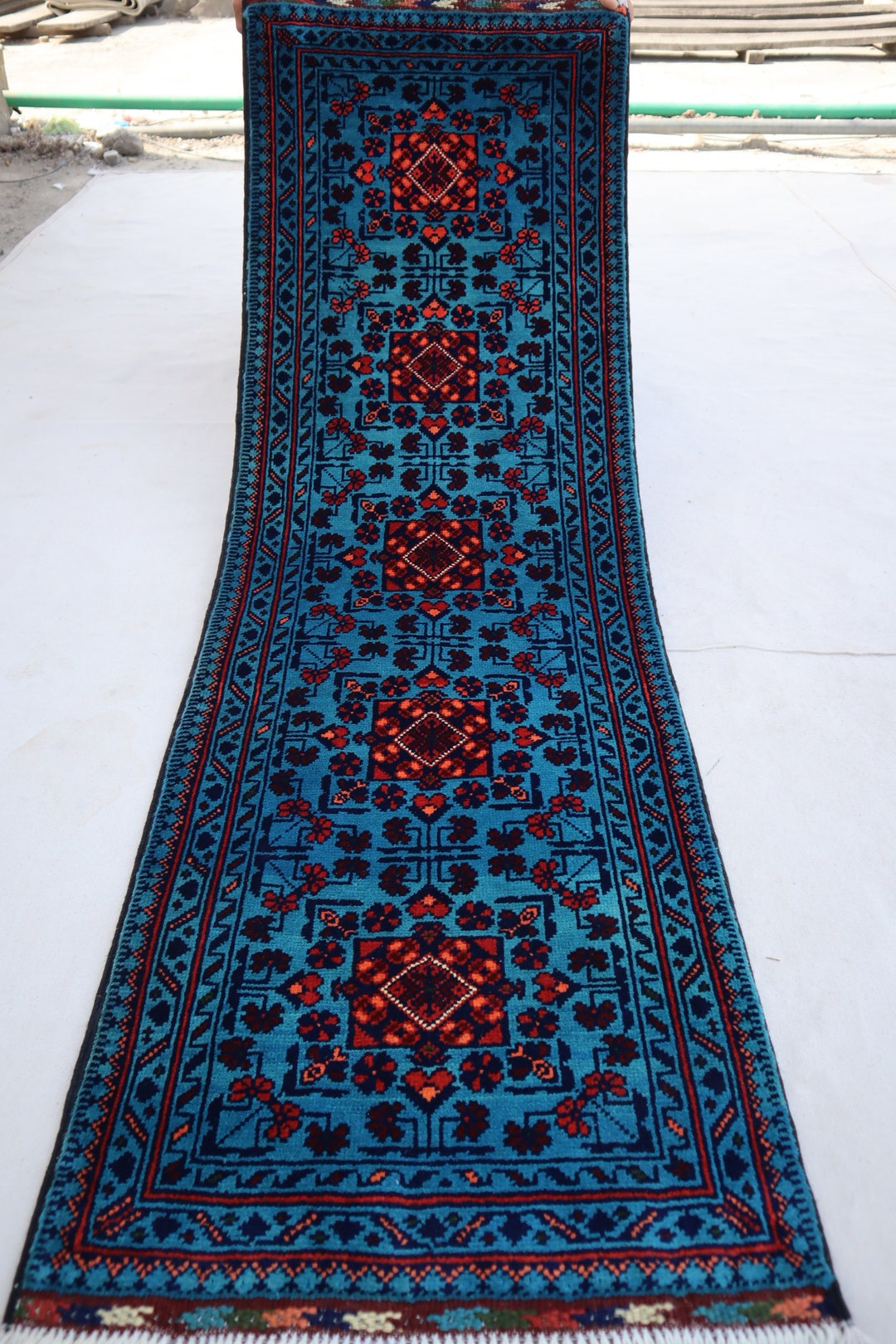 Blue 2x5 Afghan Bukhara Runner Rug, Handmade Wool Rug, Turkmen 5 Ft ...