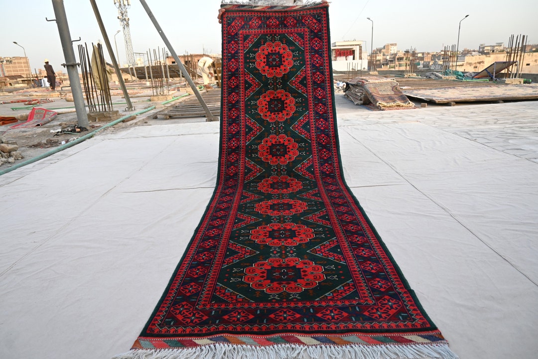 Green 10 Ft Runner Rug, Turkmen Top Quality Patnoos Gull Design Bukhara ...