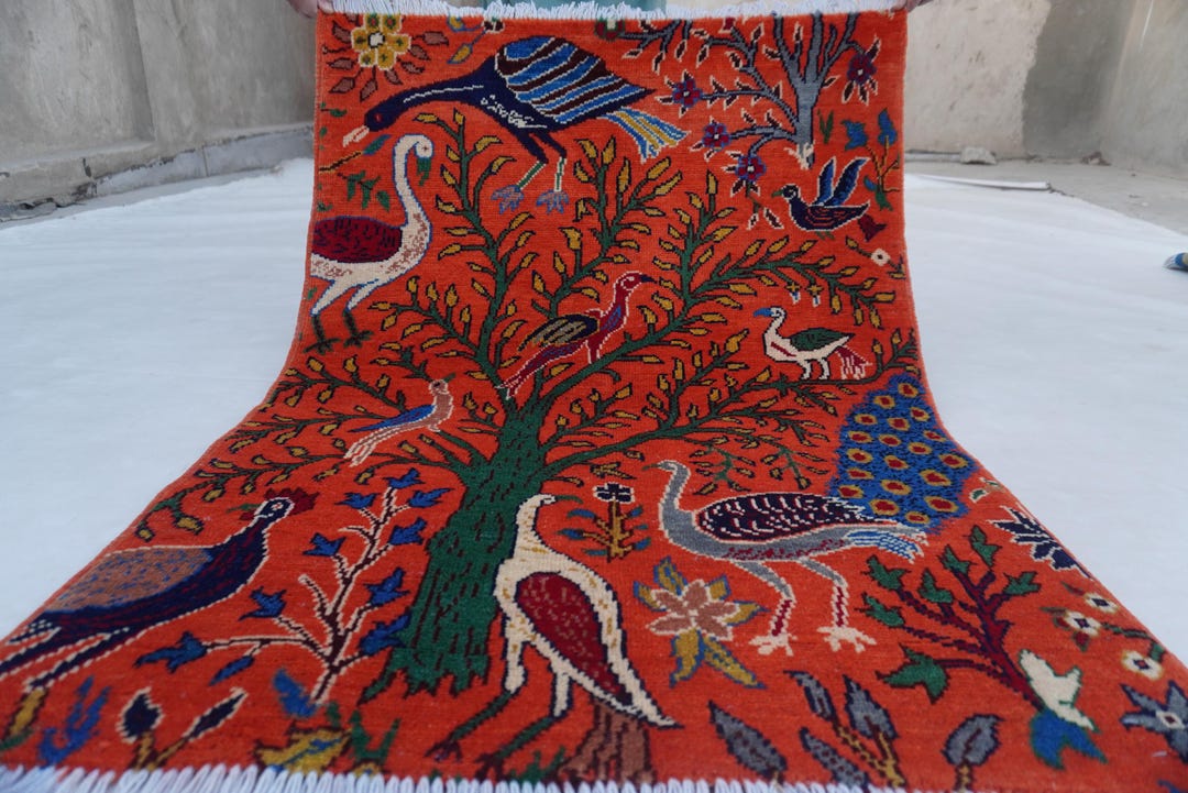 Orange Area Rug 3x4" Afghan Pictorial Rug, Hand Knotted Fine Wool Rug ...