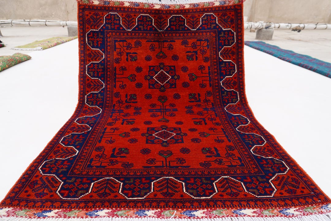 3'1x4'3 Ft Orange Afghan Rug, 3x4 Hand Knotted Fine Wool Rug, Khal ...
