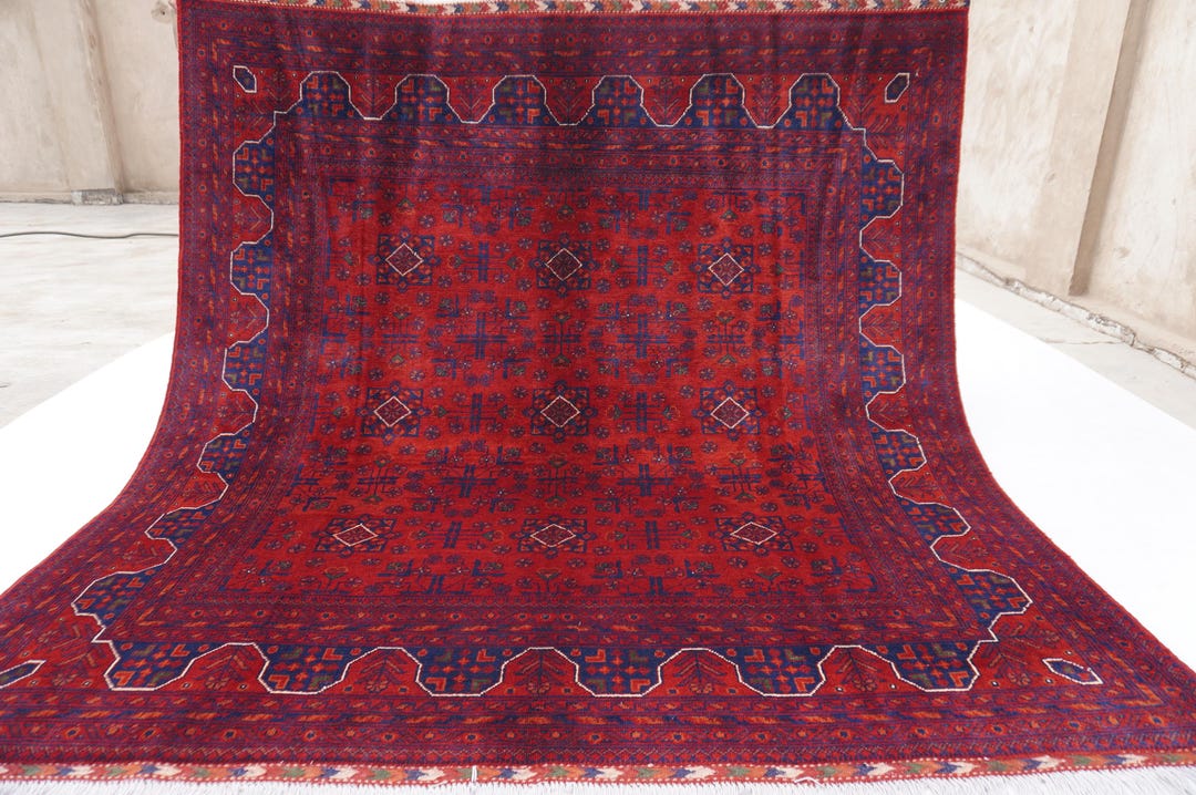 Red 7x7 Square Rug, Afghan Handmade Wool Area Rug, Top Quality Turkmen ...